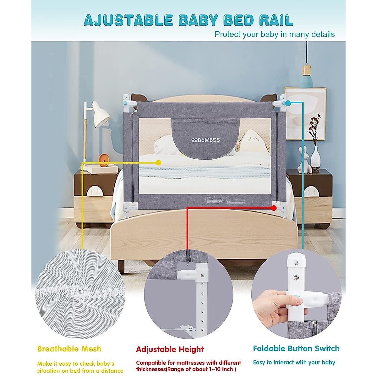 MBQMBSS 69" Bed Rail for Toddlers, Baby Bed Rail Guard for Full Size Bed, Twin Bed Safety Bedrail for Toddler Kids - Double Side Child Lock for Easy Lifting and Extra Y-Shape Strap for More Stablity