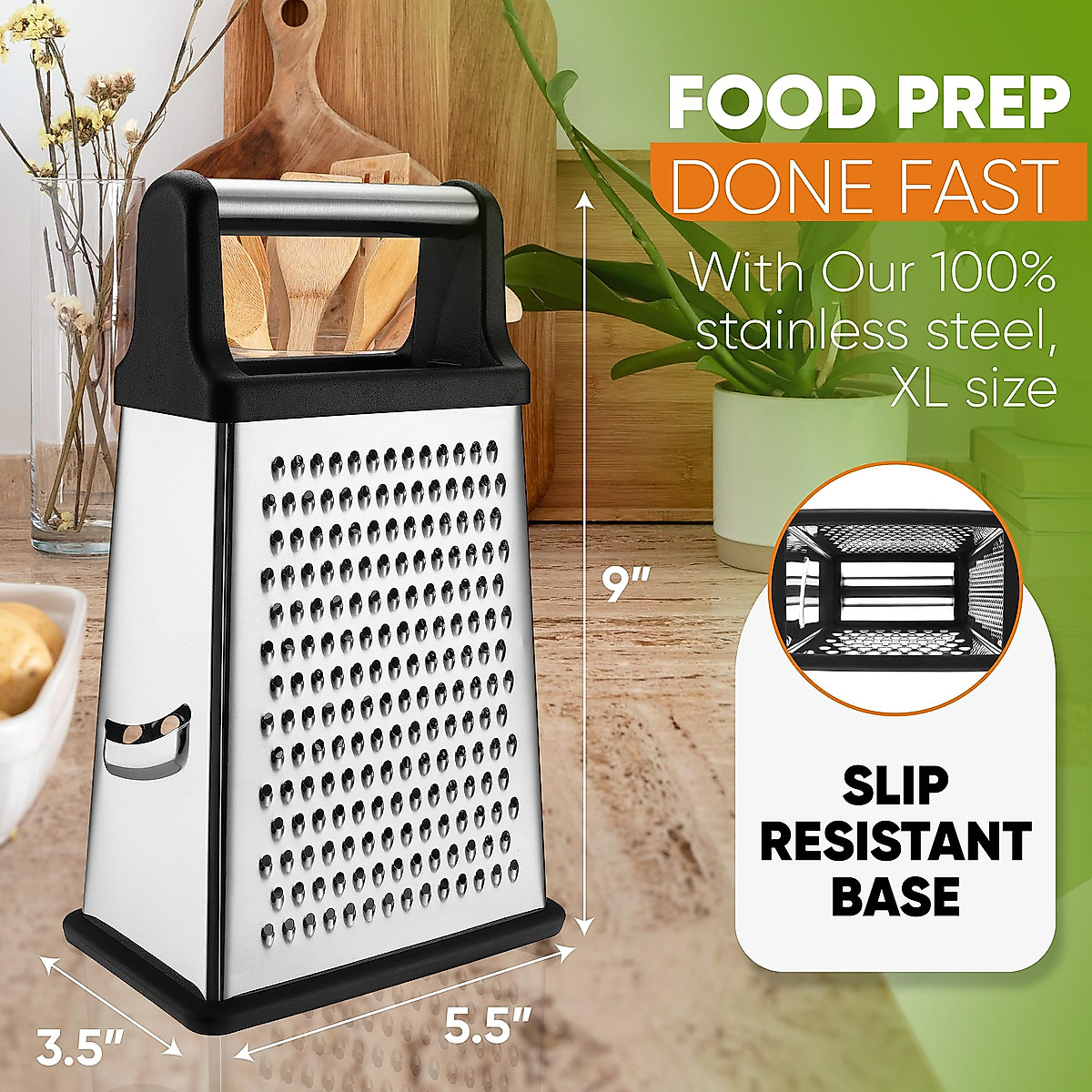 Professional Box Grater, Stainless Steel with 4 Sides, Best for Parmesan Cheese, Vegetables, Ginger, XL Size, Black