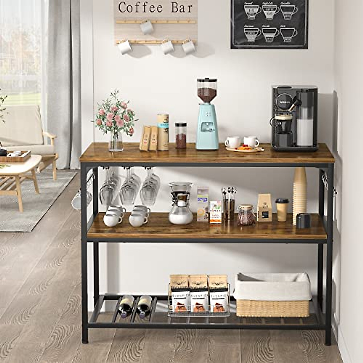 Homieasy Kitchen Island with Wine Glass Holder, Industrial Wood and Metal Coffee Bar Rack, 3 Tier Spacious Prep Table Extended Counter with Hooks Easy to Assemble, Rustic Brown