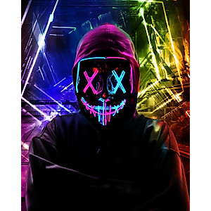 longpo Halloween Purge Mask for Adults Led Light Up Scary Mask Cosplay Costume for Halloween Festival Masquerade Carnival Party (multicolour blue & purple)