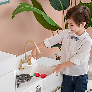 Teamson Kids Little Chef Charlotte Modern Modular Interactive Wooden Play Kitchen with Refrigerator, Stove and Sink in White with Gold Finishes