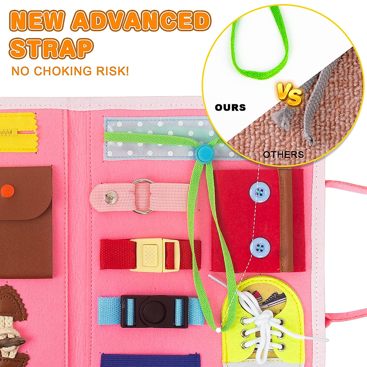 Busy Board Montessori Toy for 1 2 3 4 Year Old Toddlers Sensory Activity Board for Basic Dress Fine Motor Skills Travel Toys with Handle for Kids Car Rides Air Plane Travel Preschool Play(Pink)