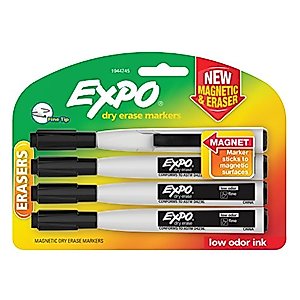 Expo Magnetic Dry Erase Markers with Eraser, Fine Tip, Black, 4 Count