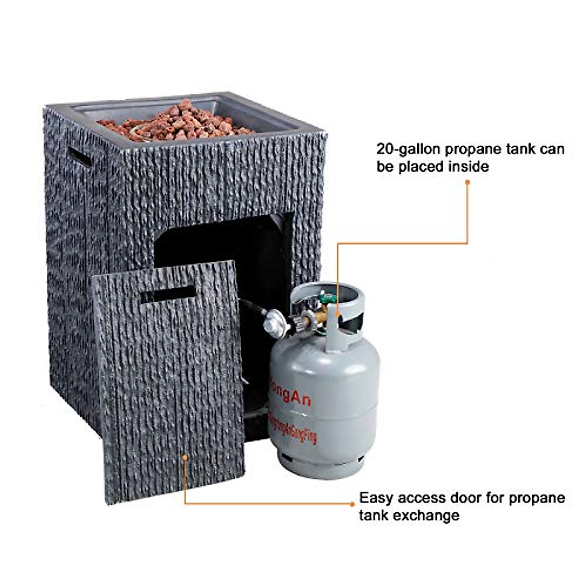 19 inch Outdoor Propane Fire Pit Table, 40,000 BTU Patio Gas Heater Column with Vertical Texture Surface, Red Lava Rocks, and Waterproof Cover