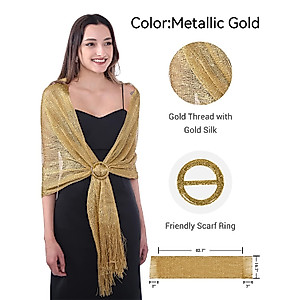 Womens Wedding Evening Wrap Shawl Glitter Metallic Prom Party Scarf with Fringe, 3 Metallic Gold
