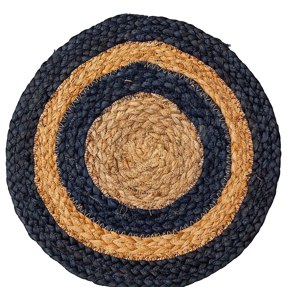 Round Handmade Jute Wicker Placemat, Natural Woven Rustic Dining,m Kitchen Placemat Table Mats, Table Decor, Kitchen Decor Gift (Set of 6) (11.81 Inch Approx, Beige & Blue)
