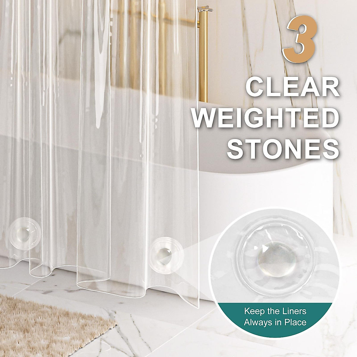 AmazerBath Heavy Duty Shower Curtain Liner 12 Gauge, 72 x 72 Inches Clear Shower Curtain Liner with 3 Clear Stones and 12 Grommet Holes, Weighted Plastic Shower Liner