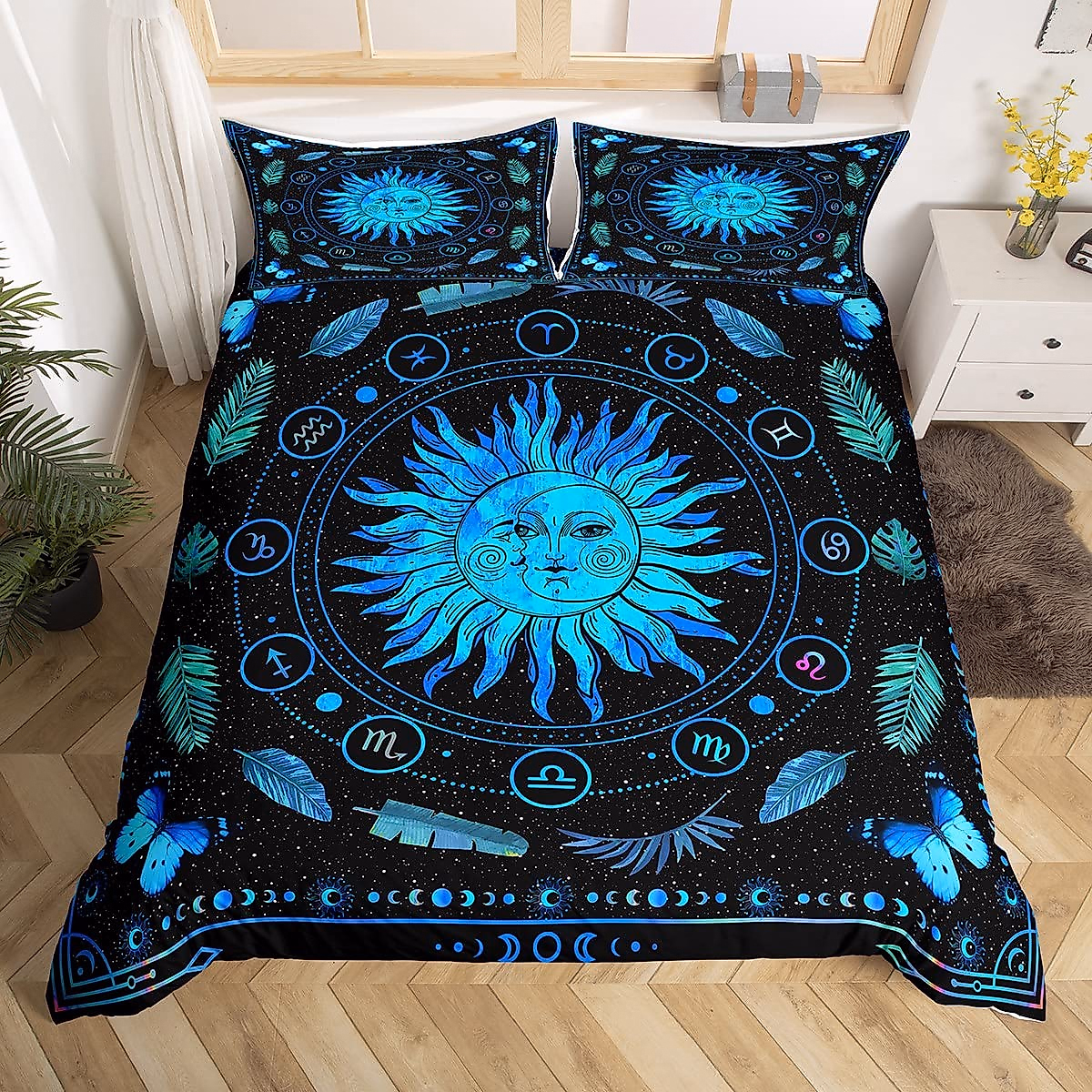 Sun and Moon Comforter Cover Constellations Astrology Bed Sets Moon Phase Duvet Cover King Green Botanical Leaves Bedding Exotic Feather Bedspread Cover with Zipper Closure Black Blue 3 Pieces Cozy