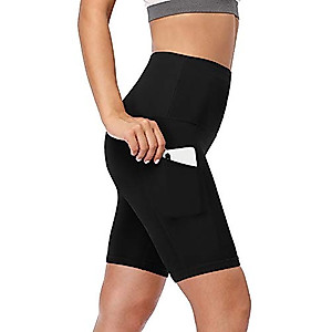 CADMUS Women's High Waist Spandex Yoga Shorts for Bike Running Two Side Pockets,1010,Black,Black,Black,Medium