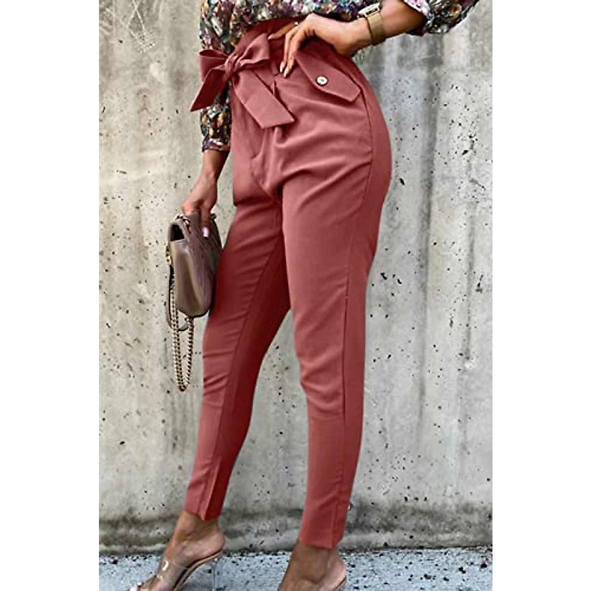 PRETTYGARDEN Women's Casual Long Pants High Waist Belted Paper Bag Work Pant Trousers with Pockets (Brick Red,Small)