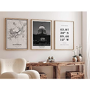 Dear Mapper Madison United States View Abstract Road Modern Map Art Minimalist Painting Black and White Canvas Line Art Print Poster Art Line Paintings (Set of 3 Unframed) (12x16inch)