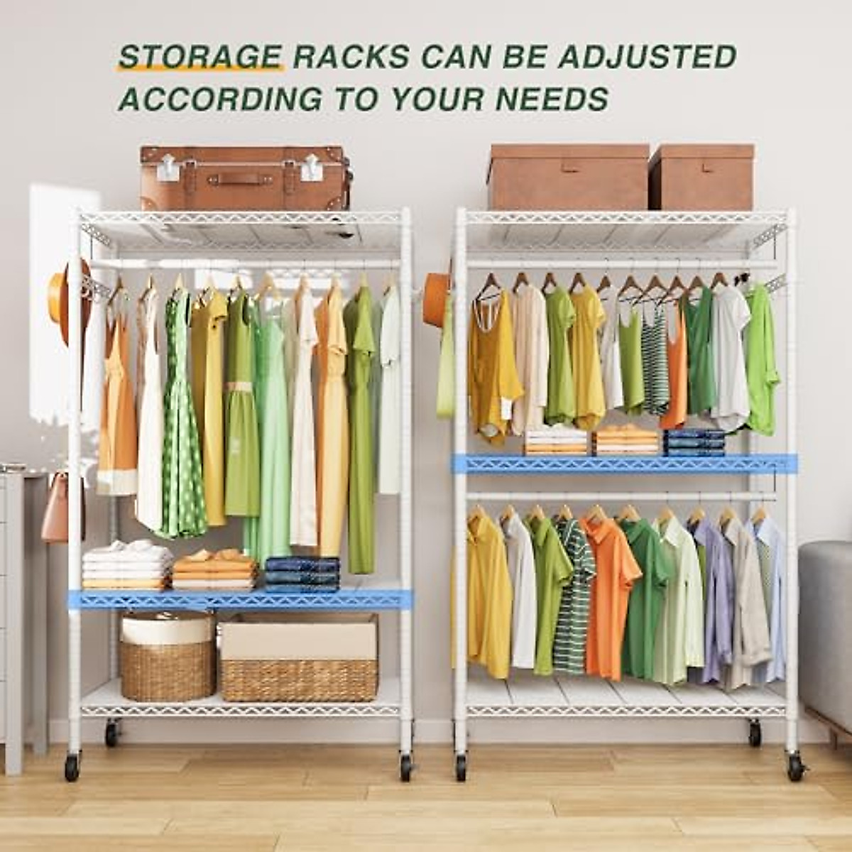 LEHOM G1 Heavy Duty Clothes Rack, 3 Tiers Rolling Garment Rack for Hanging Clothes, Adjustable Wire Clothing Rack with Storage Shelves, Lockable Wheels Freestanding Closet Wardrobe for Bedroom, White