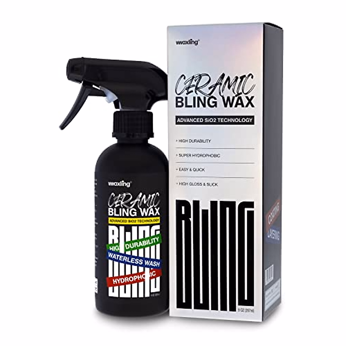 WAXLING Ceramic Bling Wax | Hybrid Solutions Ceramic Coating for Cars | Spray and Wash and Car Wax Detailing Kit | Multi-purpose Waterless Car Wash, Windshield Cleaning Tool, Tire Shine Hydrophobic Coating (Pack of 1, 9 oz.)