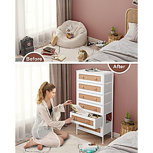 Crestlive Products Rattan Dresser Storage Tower, Tall Fabric Dresser, Chests of Drawers, Wood Top &Wood Handles - Organizer Unit for Bedroom, Hallway, Entryway, Closets - 6 Drawers (White)