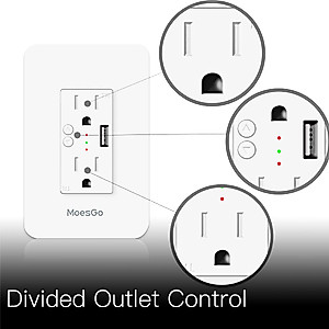 MoesGo Smart Power Wall Outlet with USB, WiFi Socket with 2 Plug outlets 15 Amp Divided Control, Smart Life/Tuya APP Remote Controller, ETL Certified, Work with Alexa and Google Home, No Hub Required