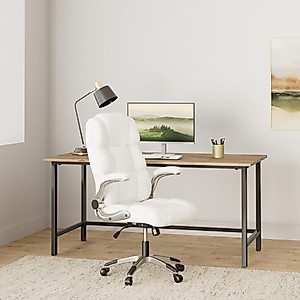 KCREAM Office Chair with Flip-up Armrests, Executive Chair Swivel Rolling PU Leather Chair Home Office Desk Chairs with Wheels and Memory Foam Back Support, Comfy Chair 300Lb Weight Capacity (White)