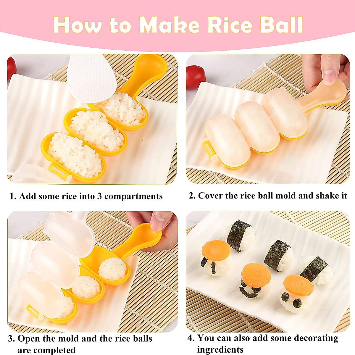 7 Pack Onigiri Mold, Rice Mold Musubi Maker Kit, Non Stick Spam Musubi Maker Press Rice Ball Mold Shake Sushi Maker Tool for Kids Bento Lunch and Home DIY (Triangle & Musubi)
