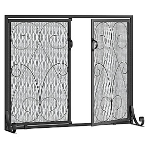 Kingson 2-Panel Fireplace Screen with Doors Handcrafted Wrought Iron Decorative Mesh, Symmetric Scroll Fire Spark Guard-Black