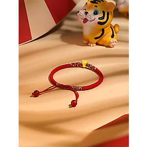 ZHOU LIU FU 24K Solid Gold Bracelet, Real Pure Gold Jewelry Charm Red Braided Bracelets Dainty Lucky Chinese Zodiac Tiger Ruyi Ingot Chain for Women Men Girlfriend