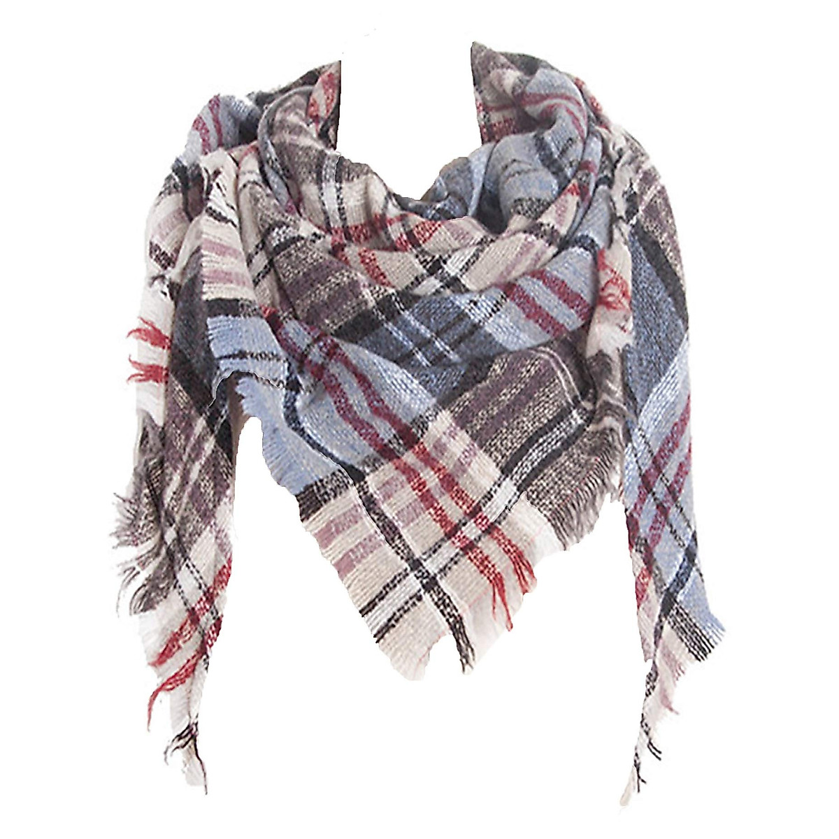 Wander Agio Womens Winter Warm Scarf Triangle Shawls Scarves Stripe Plaid Fichu Rough Blue 01