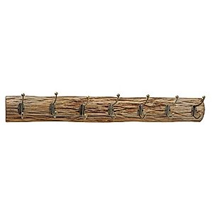 WHW Whole House Worlds Rustic 7 Hook Coat Rack, Wall Mounted, Oak Wood Plank with Tarnished Brass, Iron Hooks, 29.5 Long x 4.75 Tall x 3.25 Wide Inches, Bark-Peeled Finish