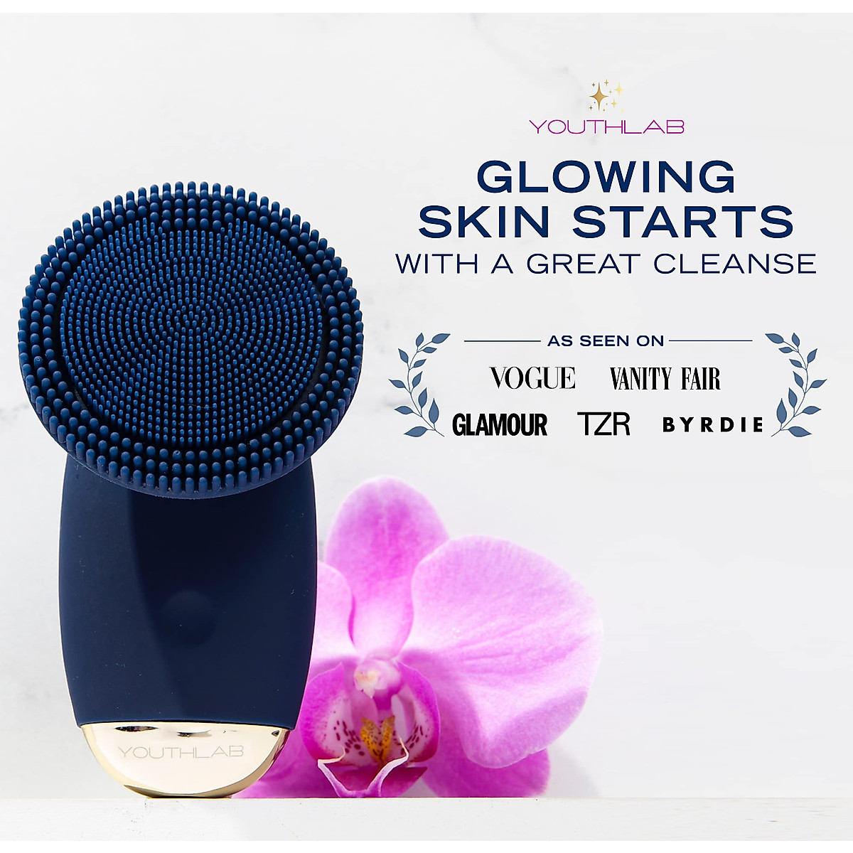 YouthLab SoniGlow, Navy, Silicone Facial Skin Cleansing Brush, Electric, Vibrating, Scrubber, Hygienic, Exfoliation, Massage, Firm, Tone, Blackheads, Pores, Waterproof, Rechargeable, Makeup Removal