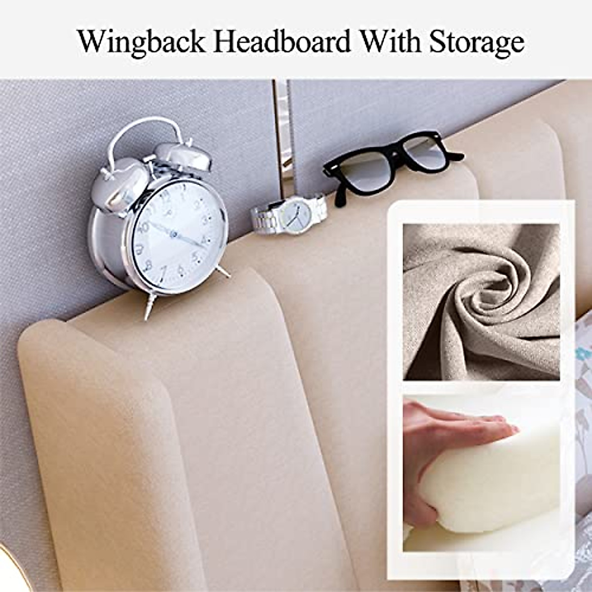 Benevika King Size Platform Bed Frame with Geometric Wingback Headboard, Wooden Slats Support, No Box Spring Needed, Easy Assembly, Gray