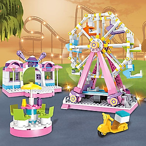 BRICK STORY Girls Friends Carnival Building Set Friends Amusement Park Building Blocks Toys with Ferris Wheel, Show Stage and 4 Mini Dolls Great Birthday Gift for Kids Age 6-12 and up, 610 Pieces