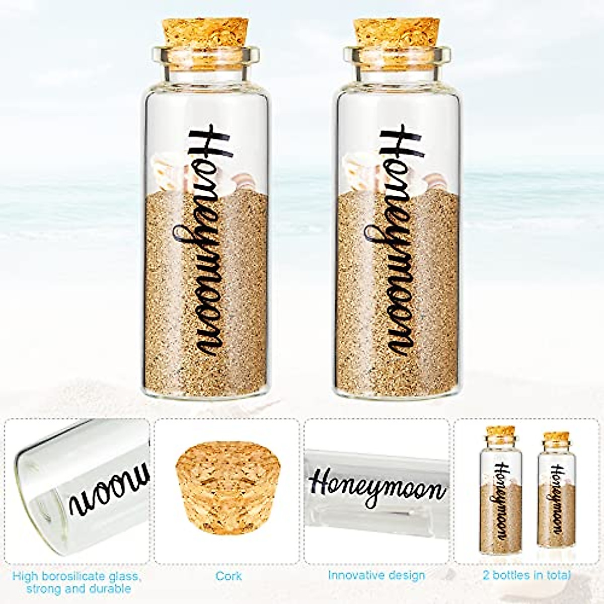 Honeymoon Sand Keepsake Jar Honeymoon Glass Bottle Glass Jar Cylinder Glass Jar with Cork Lid Honeymoon Souvenir for Diy Crafts, Travel, Bride or Newlywed Couple, Wedding Engagement, 55 ml (2 Pieces)