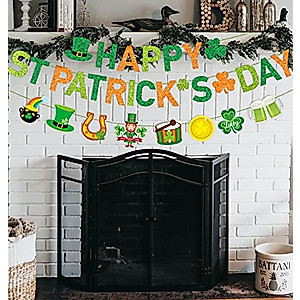JKQ Glittery Happy St Patrick's Day Banner and Shamrock Rainbow Gold Coins Pot Horseshoe Leprechauns Patterns Banner Saint Patrick's Day Garland Banner Irish Lucky Day St. Patty's Day Party Decorations
