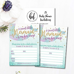 25 Mermaid Baby Shower Invitations, Sprinkle Invite for Girl, Under The Sea Nautical On Her Way, Cute Gold Printed Fill or Write in Blank Printable Card, Unique Modern Coed Twin Party Paper Supplies