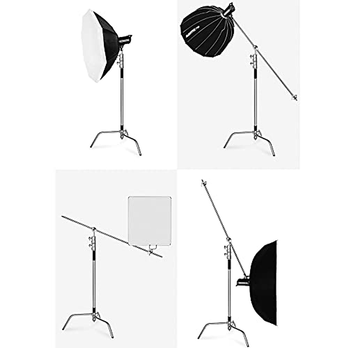 Lapgood 100% Stainless Steel Heavy Duty C Stand with Boom Arm - Max Height 10.8ft/330cm Photography Light Stand with 4.2ft/127cm Holding Arm, 2 Grip Head for Studio Monolight, Softbox, Reflector