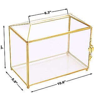 Gold Wedding Glass Card Box – 10.6 inch Large Wedding Card Holder Handmade Gold Glass Terrarium with Slot and Heart Lock, 10.6x5.9x8.3 Inches