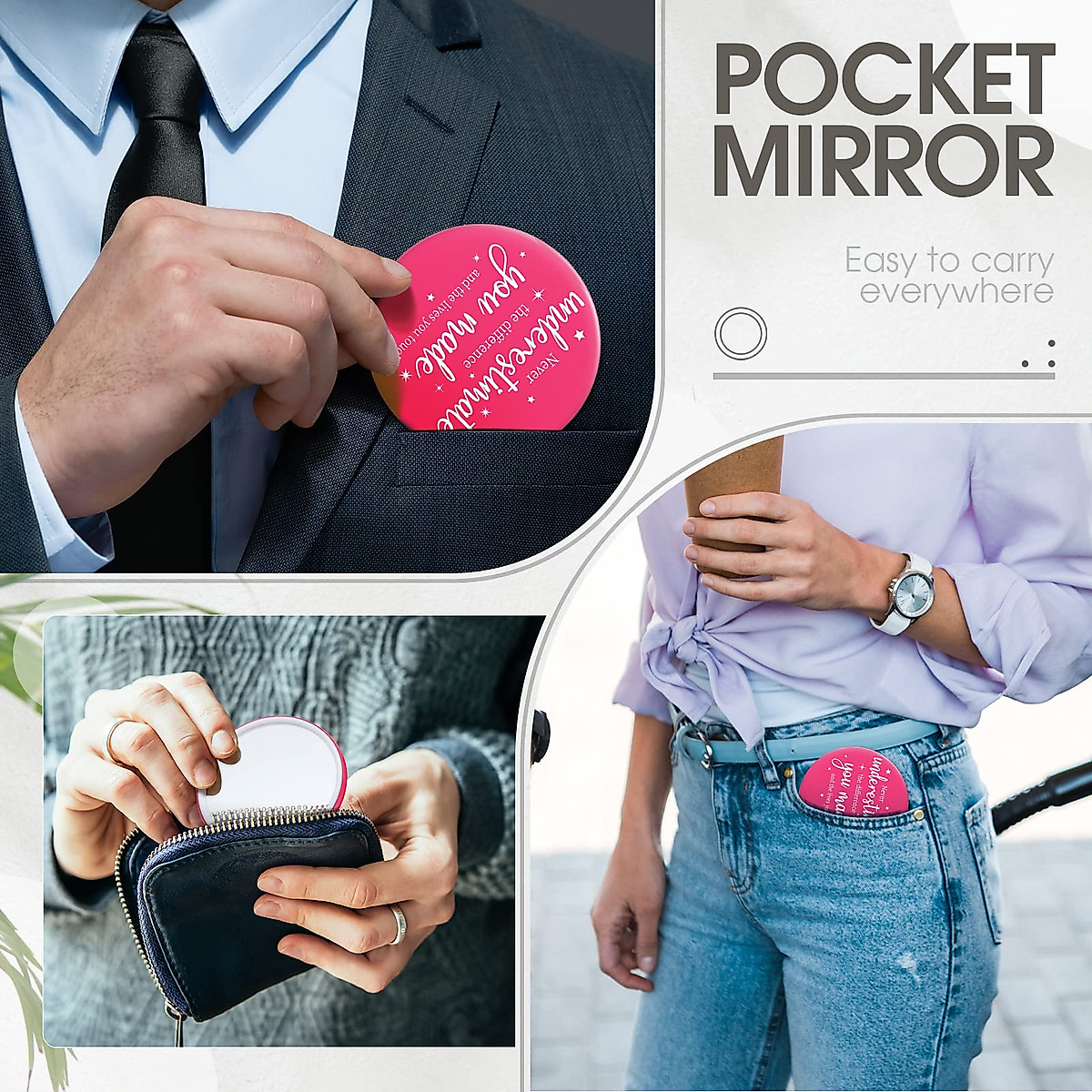 Hoolerry 48 Pcs Pink Inspirational Compact Mirror Bulk 2.8 Inch Round Makeup Glass Mirror Positive Personal Purse Pocket Mirror Small Portable Travel Mirror for Employee Coworker Staff