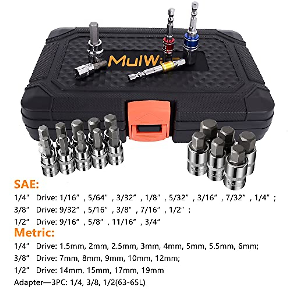 MULWARK 37 PCS Premium Hex Bit Allen Socket Set, 3/8, 1/4, 1/2 in. Drive, Automotive,Bike,Motorcycle& ATV | SAE & Metric S2 Steel & High Torque Strengthened CR-V Socket (regular, 37, Piece)