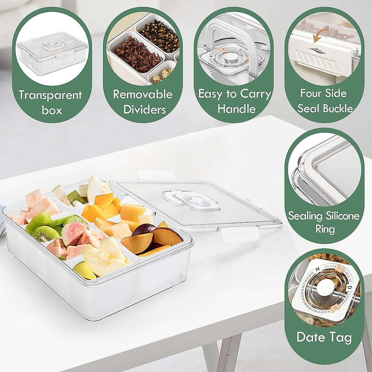 EsOfficce Divided Serving Tray with Lid, Handle Snackle Box with Date, 4 Compartments Charcuterie Container for Veggies, Snack, Fruit, Nuts, Candy, Cracker, Chip,for Party, Entertaining, Picnic