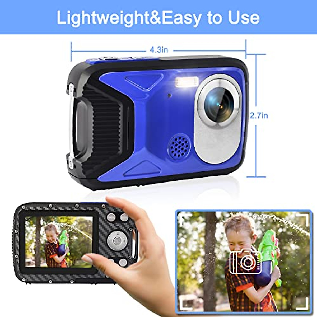 YEEIN 16FT Underwater Camera 30MP Waterproof Digital Camera with 32G Card and Rechargeable Battery, 18X Point and Shoot Camera for Boys Girls Children Teens Snorkeling Swimming Vacation(Blue)