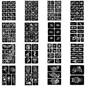 Qpout Tattoo Stencils For Kids Adults, 16 Sheets Henna Tattoo Stencil Kit, Small and Big Tattoo Stencils Designs, Tattoo Stencils for Real Tattoos, Skeleton Spider Owl Flower Butterfly Tribal Totem
