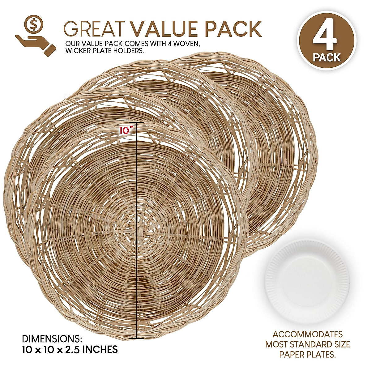 Stock Your Home 10-Inch Bamboo Paper Plate Holder (4 Count) - Heavy Duty Wicker Reusable Natural Charger Plates