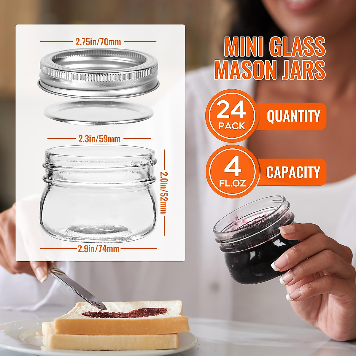 AuroTrends 4 oz Mason Jars with Lids 24Pack, Small Mason Jars 4 oz- Small Glass Jars with Lids 4 oz for Canning and Salad Dressing Container to Go (4fl.oz/Set of 24)