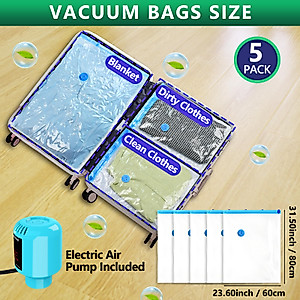 ZXA Vacuum Storage Bags with Electric Air Pump, 5 Pack Large 32''x 24'' Vacuum Seal Bags for Clothing, Space Saver Vacuum Storage Bags for Blanket, Duvets, Pillows, Comforters