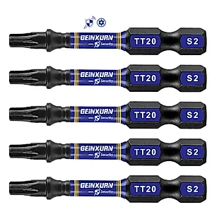 Geinxurn 5 Pieces T20 Hollow 2 In. Impact Tough Magnetic Insert Bit Set, #20 Security Torx Head Power Bits, S2 Alloy Steel Star T20 Screwdriver Bits Set