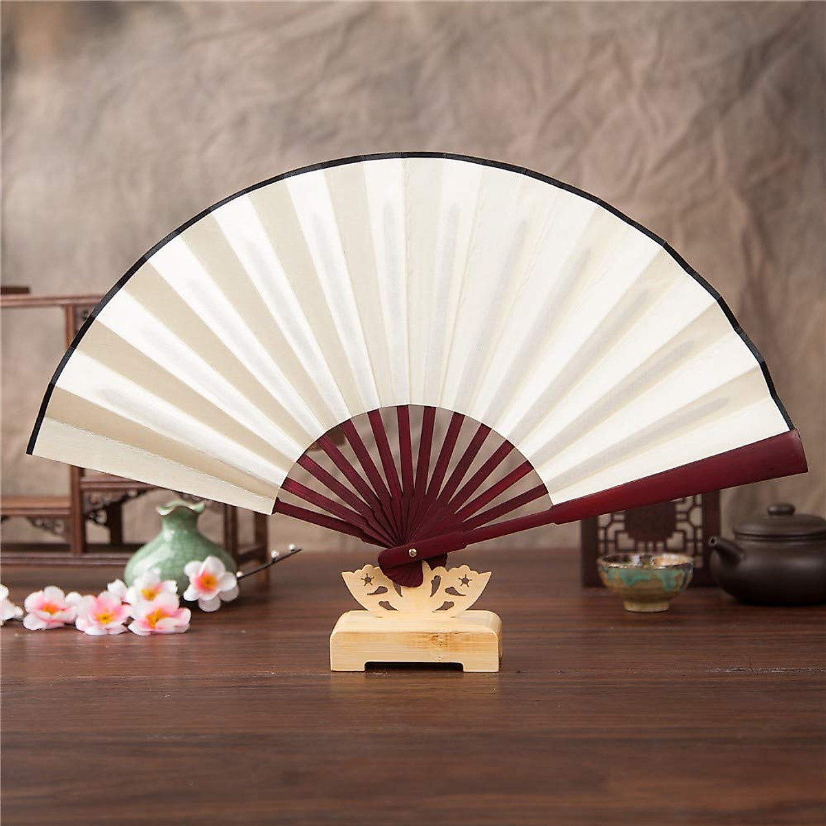 Folding Lace Fan Floral Held Dancing Silk Hand Fan Party Chinese Unisex Wedding Accessory Pasties Reusable Beige