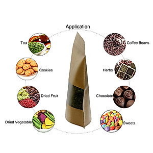 PQZKLDP 100pcs Assorted-Size Kraft Paper Bags with Matte Windows Reusable Smell Stand Up Pouches Bakery BagsFood Candy Coffee Tea Spice Sample Storage Sealable Bags for Small Business Packaging
