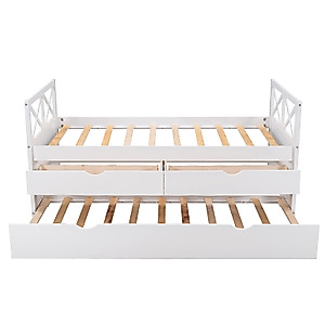 Twin Captain’s Bed, Wood Storage Daybed with Trundle and Drawers, Wooden Platform Bed with Storage for Kids Teens and Adults, White