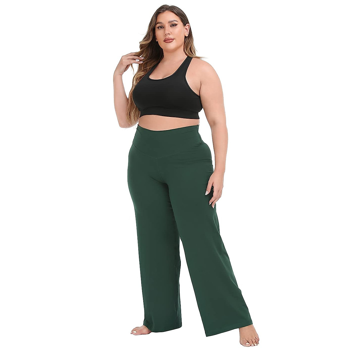 HDE Plus Size Wide Leg Cotton Yoga Pants for Women High Waist Workout Leggings Dark Green - 2X