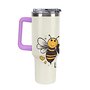FHENMSA 40 Oz Insulated Coffee Mug Tumbler with Handle,Bee Love Honey Print Insulated Tumbler,Stainless Steel Travel Mug with Lid And Straw