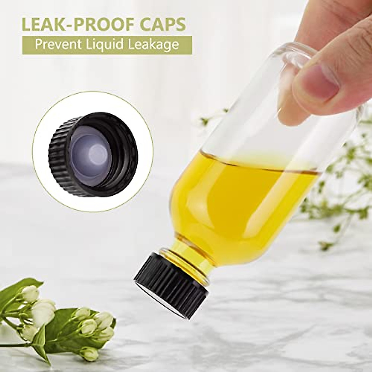 Rionisor 2OZ Small Glass Bottles with Lids and Funnels, 60ml Boston Round Glass Bottles, Leakage-Proof Mini Travel Bottles, Perfect for Diy Essential Oils, Perfumes, Whiskey and Juices, 16Pack Clear