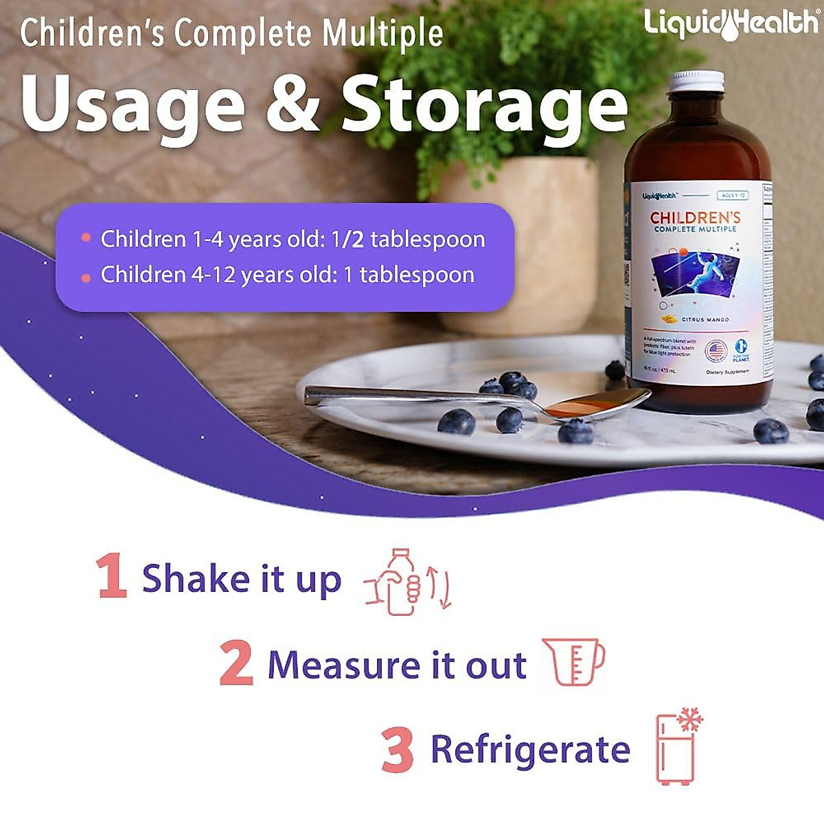 LIQUIDHEALTH Children's Complete Liquid Multivitamin for Kids, Toddlers - Essential Vitamins, Nutrients & Minerals, Immune Support, Gut Health - Great Taste, Vegan, Non GMO, Sugar-Free (16 oz)