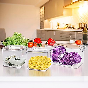 7Penn Produce Storage Containers for Refrigerator 3 Pack with Lids - Stackable Acrylic Fruit and Vegetable Keeper Bins for Fridge - Clear Stay Fresh Cube Produce Saver Set for Lettuce, Berries, Apples